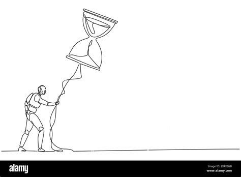 Single Continuous Line Drawing Robot Holding Flying Hourglass Balloon With Rope Modern Robotics