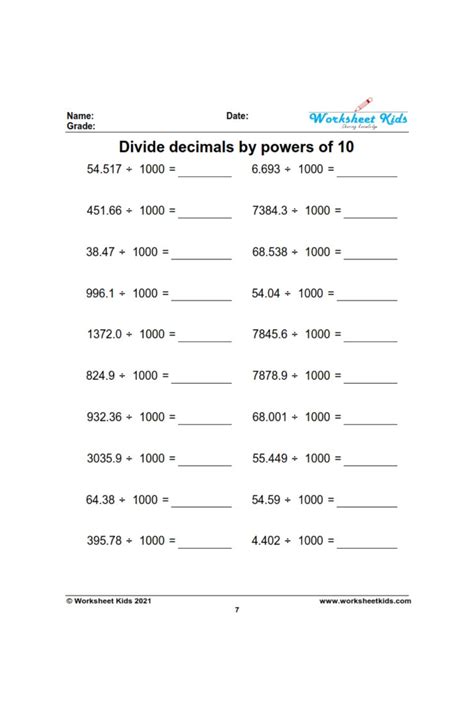 Dividing Decimals By Powers Of 10 Worksheets For 5th Grade Dividing