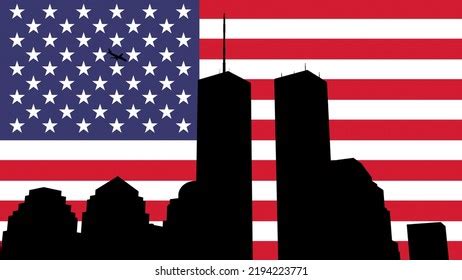 Twin Towers Silhouette Front American Flag Stock Illustration