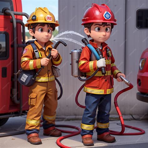 Premium Photo Two Firemen With Firemen On Their Backs One Of Them