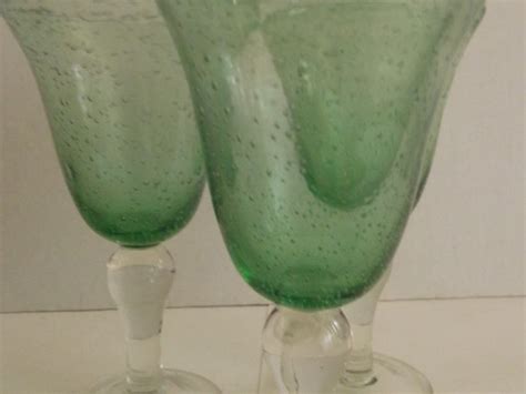 Green Seeded Hand Blown Goblets With A Clear Glass Stems Set Etsy