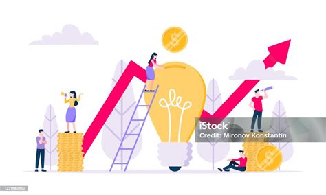 모금의 크라우드 펀딩 구성 개념 미국 동전 돈 통화 전구와 작은 사람들 문자 평면 스타일 디자인 벡터 일러스트 격리 된 흰색