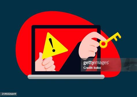 Data Breach Thief Hacker Hand With A Key Laptop With System Error Warning High Res Vector