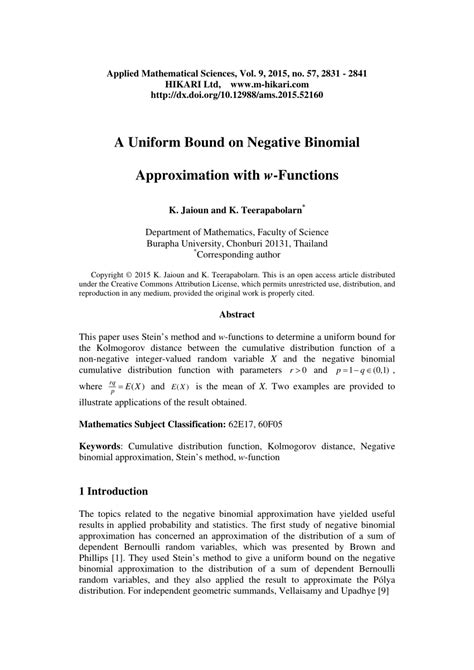 Pdf A Uniform Bound On Negative Binomial Approximation With W Functions
