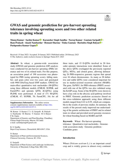 Gwas And Genomic Prediction For Pre Harvest Sprouting Tolerance Involving Sprouting Score And