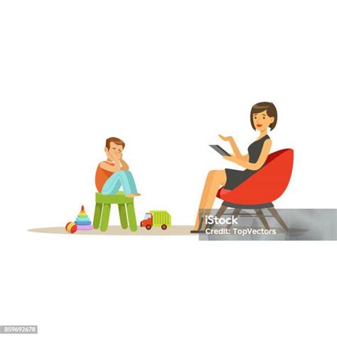 우울된 소년 아동 심리학자는 문제에 대해 이야기 심리 치료 상담 환자 벡터 일러스트 레이 션과 세션을가지고 심리학자 독일에 대한 스톡 벡터 아트 및 기타 이미지 Istock