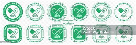 제품 포장을 위한 개념 라벨링 호르몬이나 항생제가 없습니다 오픈 캡슐 배지 부어 약물 및 흐르는 성분의 라인스탬프 자유의 상징