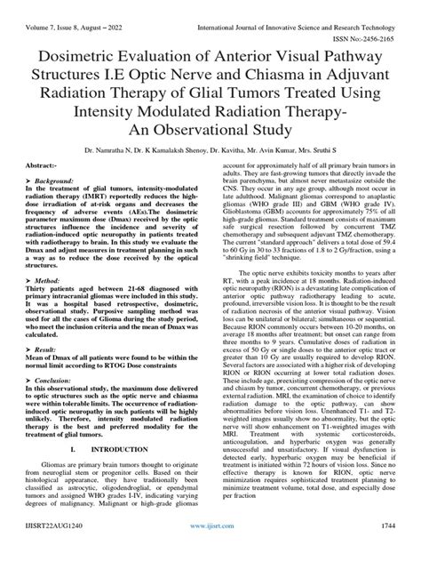 Dosimetric Evaluation Of Anterior Visual Pathway Structures Ie Optic Nerve And Chiasma In