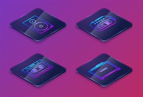 아이소메트릭 라인 스테레오 스피커 레트로 오디오 카세트 테이프 뮤직 테이프 플레이어 와 기타 앰프를 설정합니다 파란색 정사각형 버튼 벡터 3차원 형태에 대한 스톡 벡터 아트