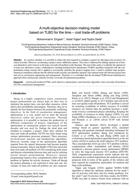pdf a multi objective decision making model based on tlbo for the time cost trade off problems