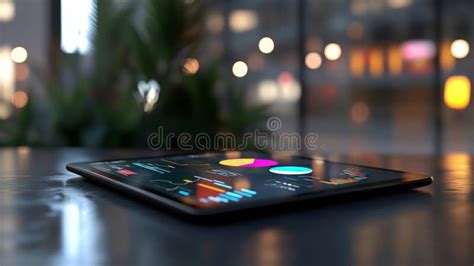 Tablet Screen Displaying Colorful Stock Market Data On A Dark Table In A Stylish Office Stock