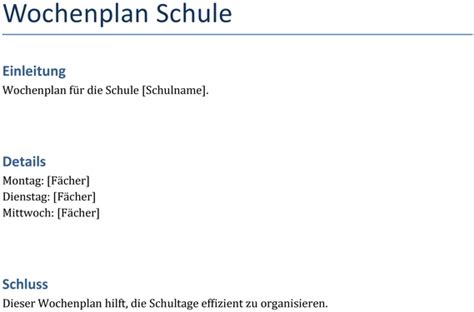 Word Wochenplan Für Die Schule Übersichtliche Planung Der Schultage