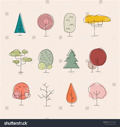 Pastel Coloured Trees Set Cartoon Drawing Stock Vector Royalty Free 1597737469 Shutterstock