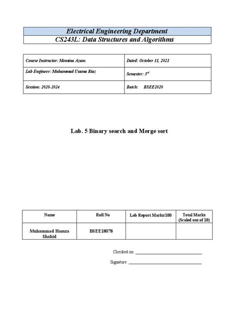 Electrical Engineering Department Cs243l Data Structures And Algorithms Pdf Array Data