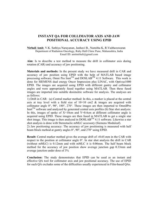 Pdf Instant Qa For Collimator Axis And Jaw Positional Accuracy Using Epid