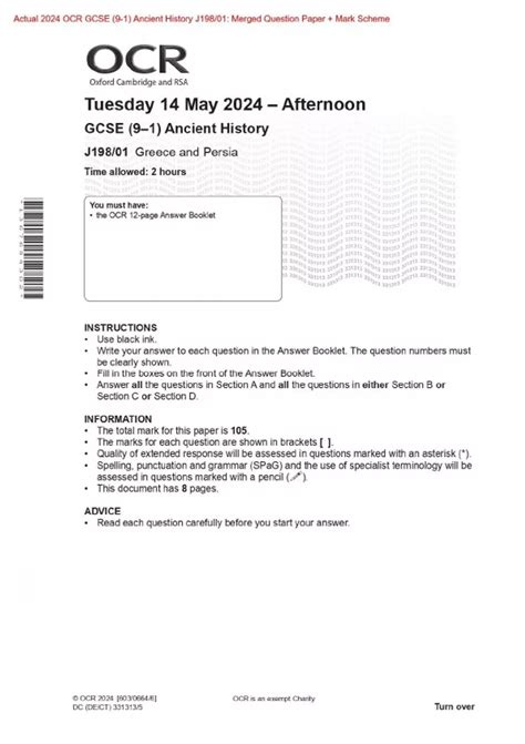 Actual 2024 OCR GCSE 9 1 Ancient History J198 01 Greece And Persia Merged Question Paper