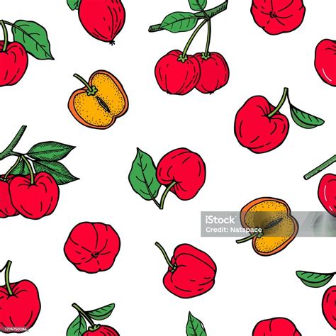 아세로라 열매 과일 가지 나뭇잎이 있는 나뭇가지가 있는 매끄러운 패턴 배경 음식 요소 손으로 그린 선 벡터 그림입니다 건강한 식생활에 대한 스톡 벡터 아트 및 기타 이미지