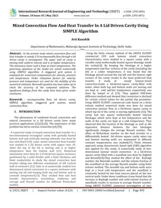 Mixed Convection Flow And Heat Transfer In A Lid Driven Cavity Using SIMPLE Algorithm PDF