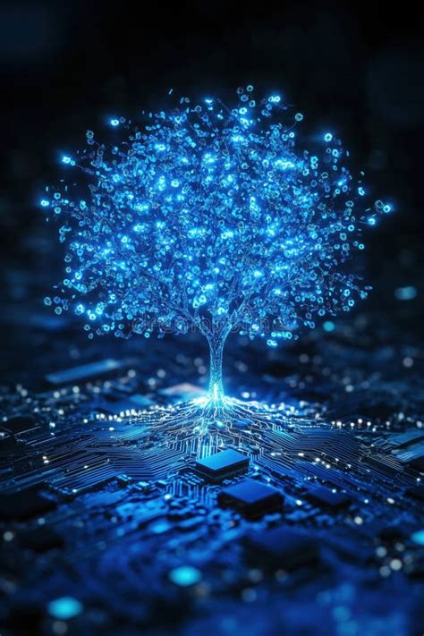 Digital Tree Glowing With Blue Lights Emerging From Circuit Board Symbolizing Technology And
