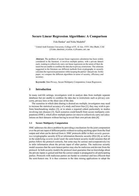 Pdf Secure Linear Regression Algorithms A Comparison