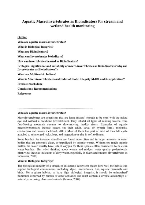 Pdf Aquatic Macroinvertebrates As Bioindicators For Stream And Wetland Health Monitoring