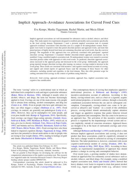 Kemps Et Al Implicit Approach Avoidance Associations For Craved Food Cues Pdf Psychology