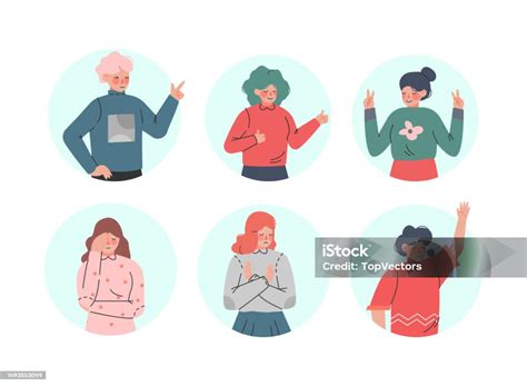 원형 프레임 벡터 일러스트레이션 세트에서 긍정적이고 부정적인 손 짓을 하는 젊은 남자와 여자 윙크에 대한 스톡 벡터 아트 및 기타 이미지 Istock