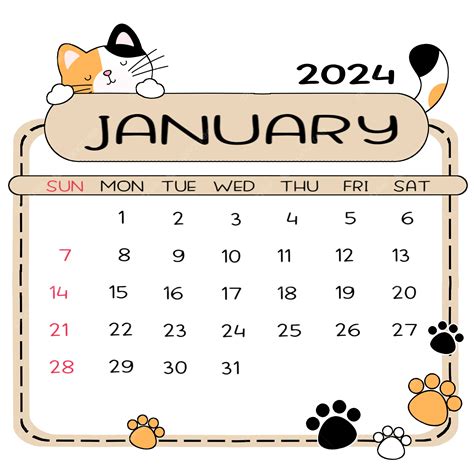 2024년 1월 달력 잠자는 고양이 2024년 월간 달력 1월 달력 Png 일러스트 및 Psd 이미지 무료 다운로드 Pngtree