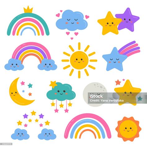만화 스타일의 별 무지개 구름 달 태양과 귀여운 컬렉션 날씨 아이콘 어린이 친화적 인 디자인 무지개와 별 클립아트는 인쇄물 티셔츠 휴일 초대장 어린이용 카드입니다