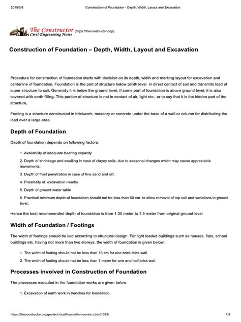 Construction Of Foundation Depth Width Layout And Excavation Pdf