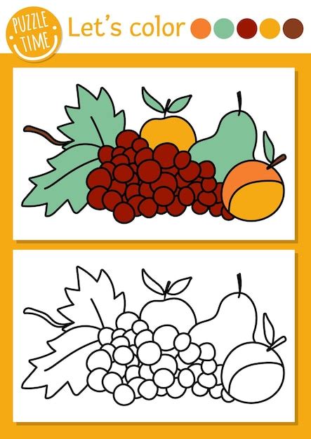 과일이 있는 아이들을 위한 정원 색칠 페이지 수확이 있는 벡터 가을 개요 그림 색칠된 예가 있는 아이들을 위한 컬러 책 그리기 기술 인쇄용 워크시트xa 프리미엄 벡터