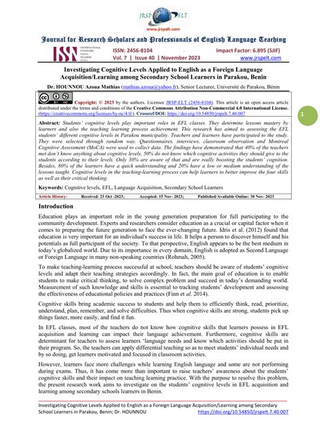 Pdf Investigating Cognitive Levels Applied To English As A Foreign Language Acquisition