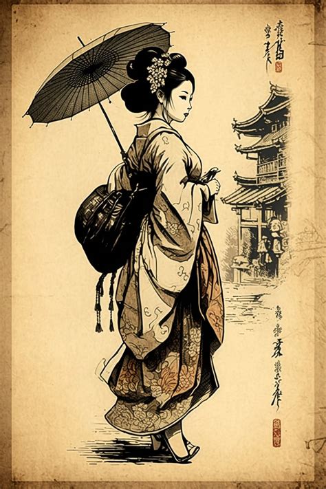 Edo Period Japanese Geisha Walking Japanese Print Line Art Japanese Art