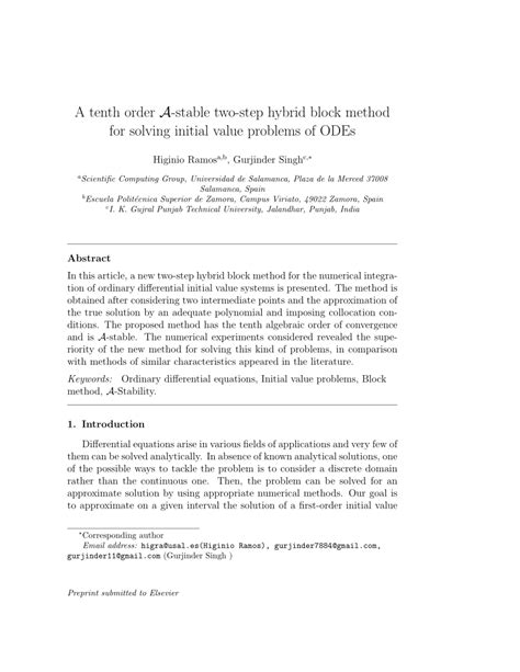 Pdf A Tenth Order A Stable Two Step Hybrid Block Method For Solving