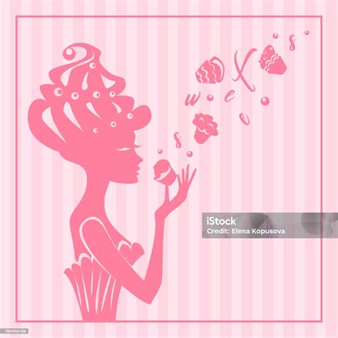 추상적 인 줄무늬 배경에 컵 케이크와 아름다운 어린 소녀의 컬러 실루엣 제과 점 개념 만화 스타일의 창조적 인 포스터 Eps 10 형식의 그래픽 벡터 그림 노랑에 대한 스톡