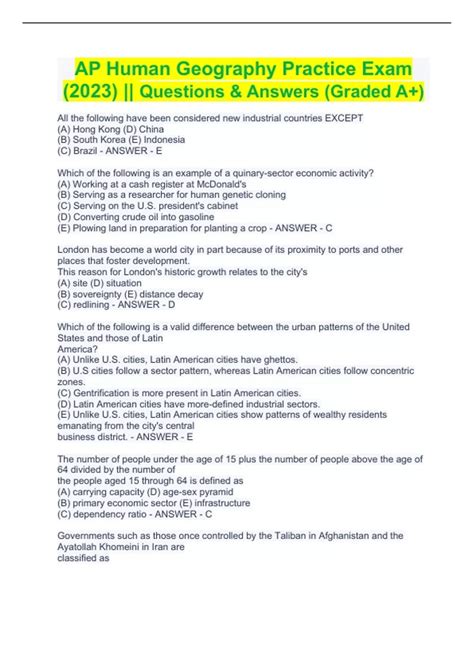 Ap Human Geography Practice Exam 2023 Questions And Answers Graded A Human Geography