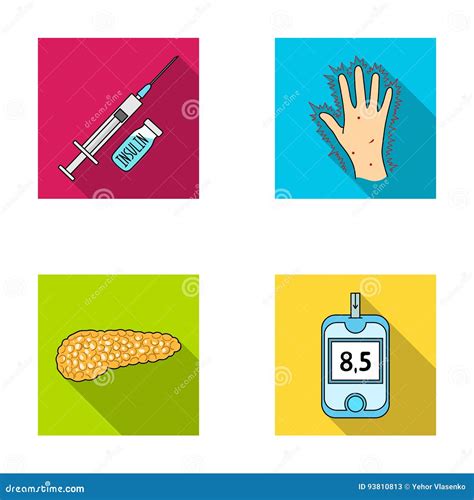 Syringe With Insulin Pancreas Glucometer Hand Diabetic Diabet Set Collection Icons In Flat