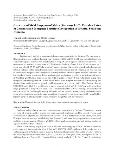 Growth And Yield Response Of Maize Zea Mays L To Variable Rates Of