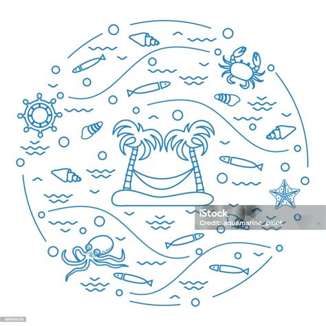 문 어 물고기와 귀여운 벡터 일러스트 레이 션 섬 야자수와 해먹 헬 름 파도 조개 불가사리과 원에 배열 하는 게 갈고리 발톱에