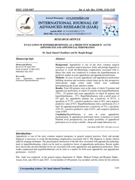 Evaluation Of Hyperbilirubinemia As A Predictive Marker In Acute Appendicitis And Appendiceal