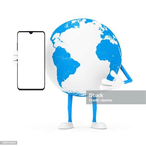 당신의 디자인을위한 빈 화면지구 글로브 캐릭터 마스코트와 현대 휴대 전화 3d 렌더링 개념에 대한 스톡 사진 및 기타 이미지