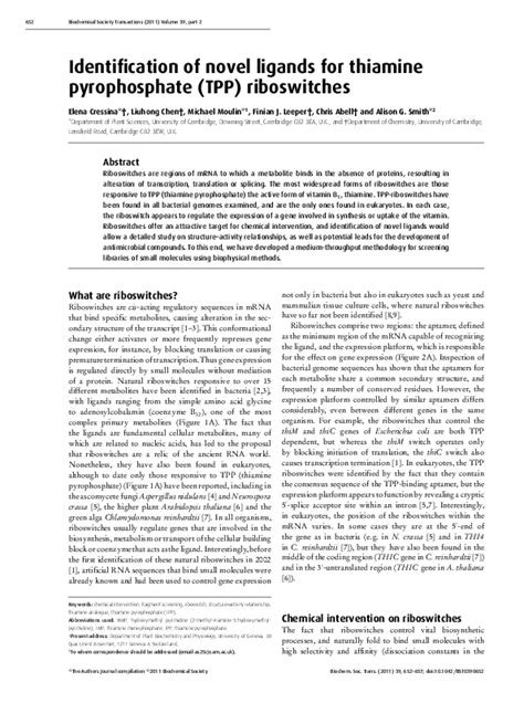 Pdf Identification Of Novel Ligands For Thiamine Pyrophosphate Tpp
