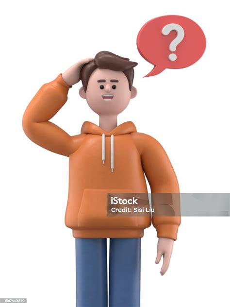 생각하는 남성 남자 카디르가 머리를 긁적이고 말풍선에 물음표를 바라보는 3d 그림 만화 잠겨 있는 사업가는 머리카락을 긁고