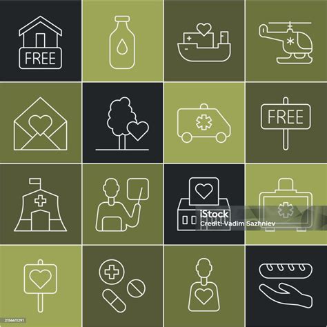 기부 음식 구급 상자 무료 서명 인도주의 선박 나무를 심는 자원 봉사 팀 발렌타인 하트 봉투 택배 및 응급 차량 아이콘을 설정합니다 벡터 건강 진단에 대한 스톡 벡터 아트