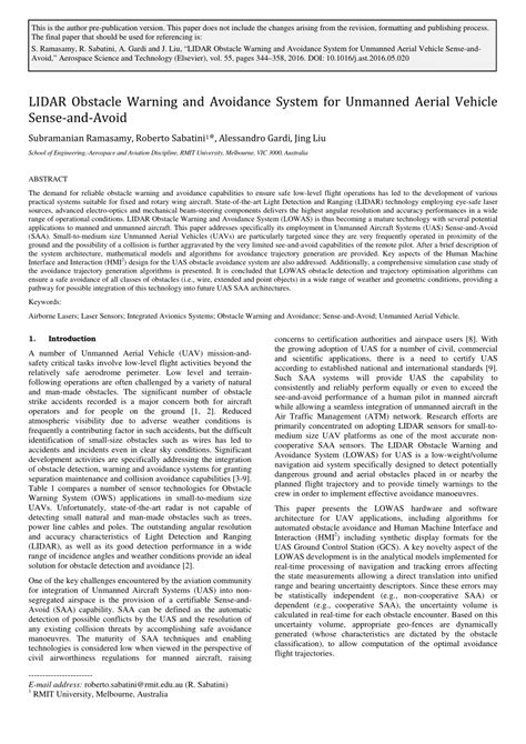 Pdf Lidar Obstacle Warning And Avoidance System For Unmanned Aerial Vehicle Sense And Avoid