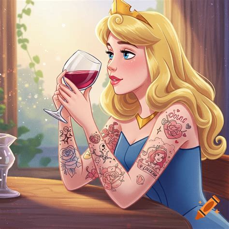 Cartoon Princess Aurora With Visible Tattoos Drinks Wine From A Glass