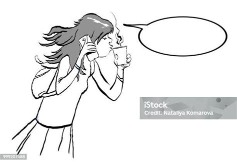 십 대 전화를 하 고 커피 한 잔 들고 전화로 말하기와 커피를 마시는 여자 귀여운에 대한 스톡 벡터 아트 및 기타 이미지 귀여운 그리기 낮 Istock