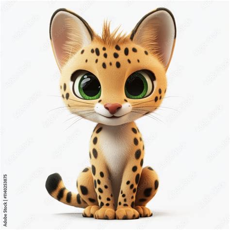 Cute Serval Cartoon 3d Rendered White Background Playful Style Forest Green Eyes Smooth