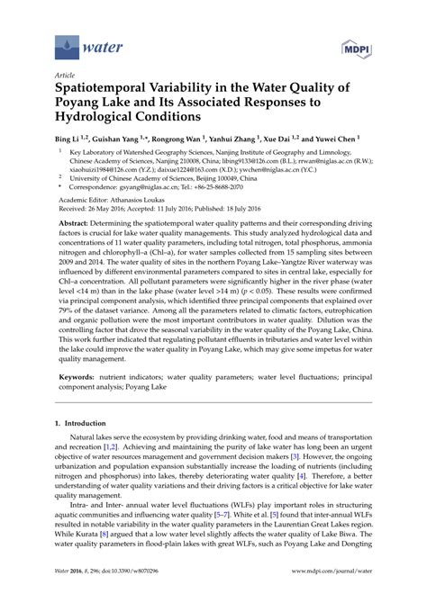 Pdf Spatiotemporal Variability In The Water Quality Of Poyang Lake And Its Associated