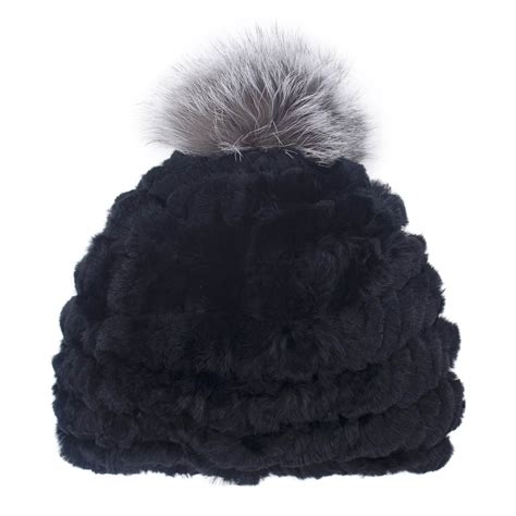 Rex Rabbit Fur Knit Hat With Fox Pom Surell Accessories